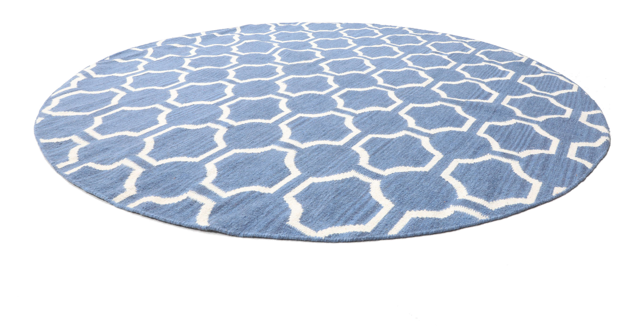London - Blue / Off White, Round Ø 225 cm Wool Rug - Rugvista
