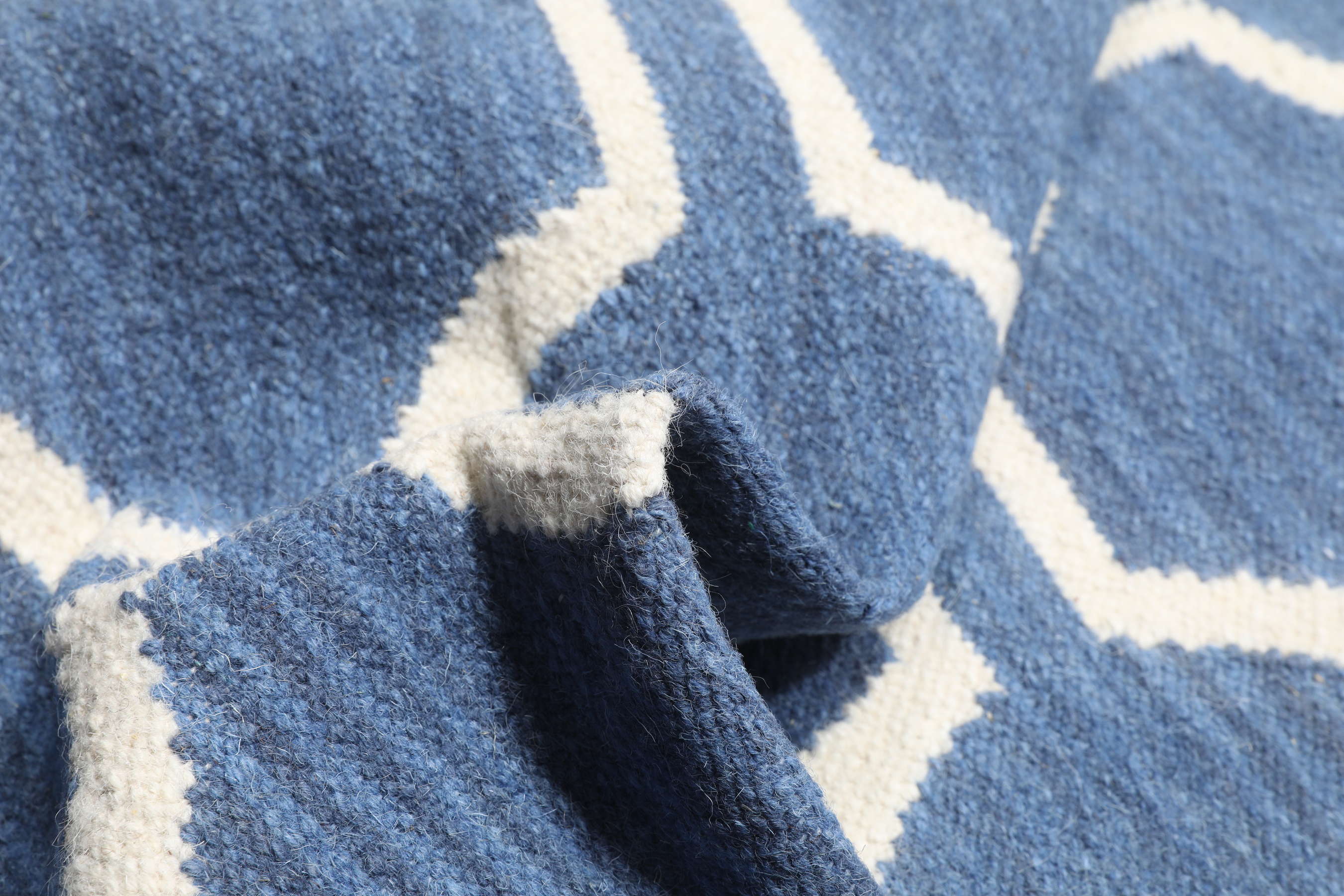 London - Blue / Off White, Round Ø 225 cm Wool Rug - Rugvista